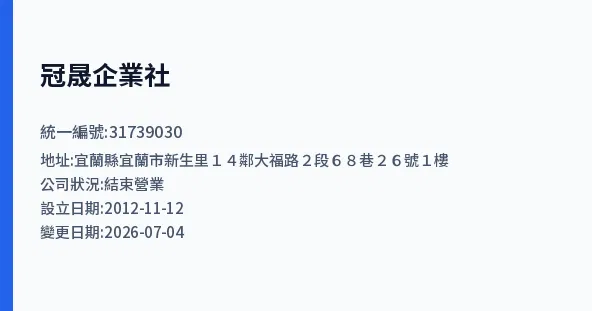 冠晟企業社的照片-統編 31739030(宜蘭縣) 公司登記資料與營業項目詳細圖表