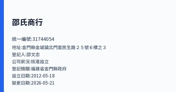 邵氏商行的照片-統編 31744054(金門縣) 公司登記資料與營業項目詳細圖表