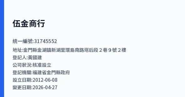 伍金商行的照片-統編 31745552(金門縣) 公司登記資料與營業項目詳細圖表