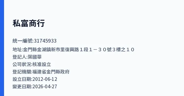 私富商行的照片-統編 31745933(金門縣) 公司登記資料與營業項目詳細圖表