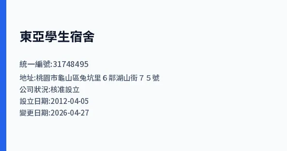 東亞學生宿舍的照片-統編 31748495(桃園市) 公司登記資料與營業項目詳細圖表