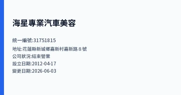 海星專業汽車美容的照片-統編 31751815(花蓮縣) 公司登記資料與營業項目詳細圖表