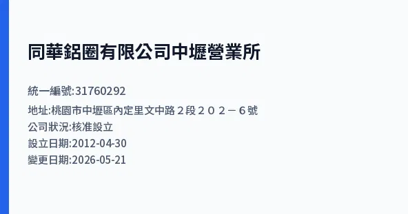 同華鋁圈有限公司中壢營業所的照片-統編 31760292(桃園市) 公司登記資料與營業項目詳細圖表