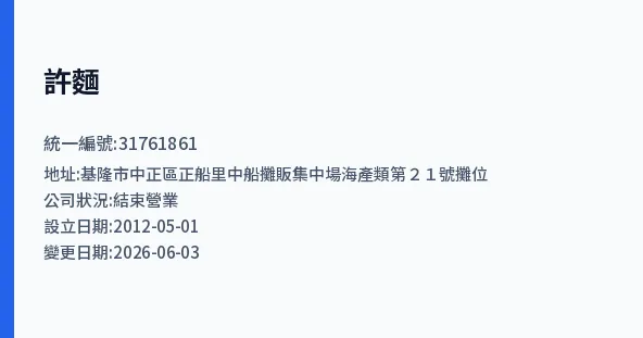 許麵的照片-統編 31761861(基隆市) 公司登記資料與營業項目詳細圖表