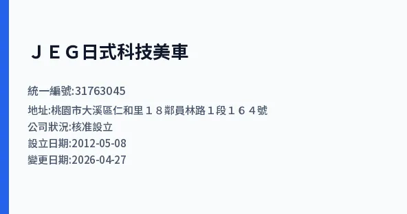JEG日式科技美車的照片-統編 31763045(桃園市) 公司登記資料與營業項目詳細圖表