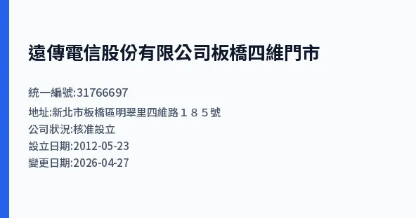 遠傳電信股份有限公司板橋四維門市的照片-統編 31766697(新北市) 公司登記資料與營業項目詳細圖表