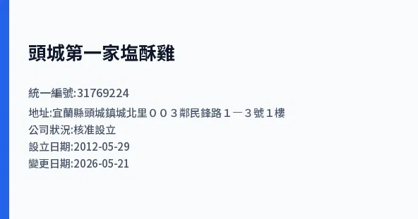 頭城第一家塩酥雞的照片-統編 31769224(宜蘭縣) 公司登記資料與營業項目詳細圖表
