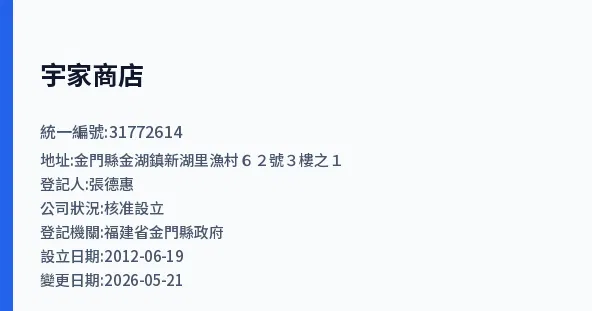 宇家商店的照片-統編 31772614(金門縣) 公司登記資料與營業項目詳細圖表