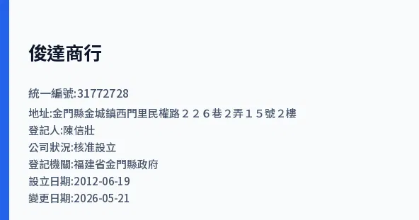 俊達商行的照片-統編 31772728(金門縣) 公司登記資料與營業項目詳細圖表