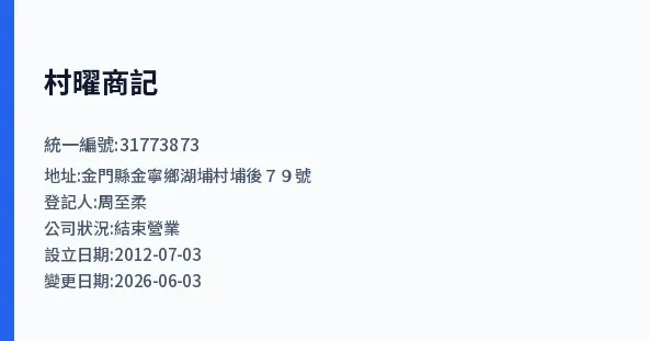 村曜商記的照片-統編 31773873(金門縣) 公司登記資料與營業項目詳細圖表