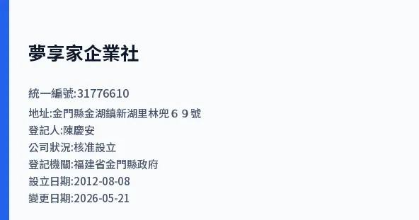 夢享家企業社的照片-統編 31776610(金門縣) 公司登記資料與營業項目詳細圖表