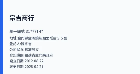宗吉商行的照片-統編 31777147(金門縣) 公司登記資料與營業項目詳細圖表