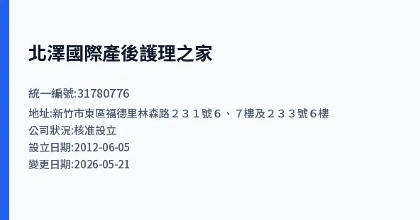 北澤國際產後護理之家的照片-統編 31780776(新竹市) 公司登記資料與營業項目詳細圖表