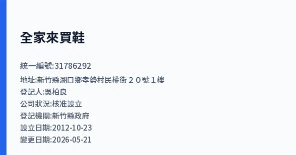 全家來買鞋的照片-統編 31786292(新竹縣) 公司登記資料與營業項目詳細圖表