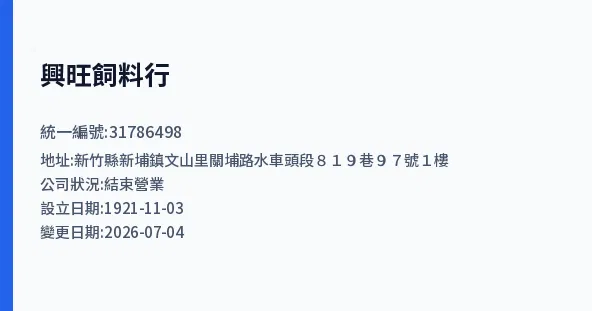 興旺飼料行的照片-統編 31786498(新竹縣) 公司登記資料與營業項目詳細圖表