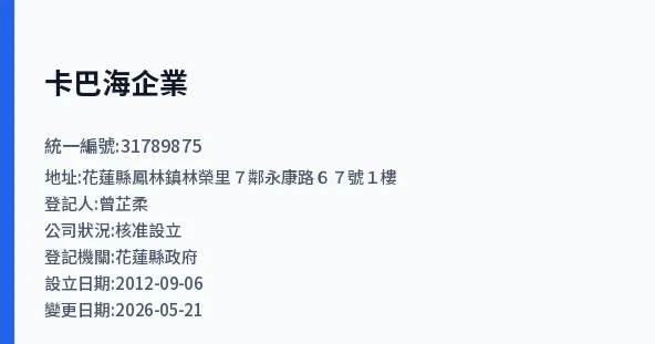 卡巴海企業的照片-統編 31789875(花蓮縣) 公司登記資料與營業項目詳細圖表