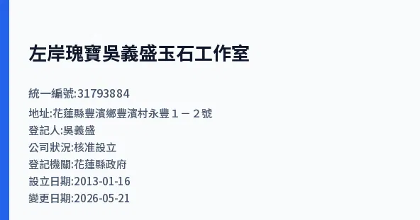 左岸瑰寶吳義盛玉石工作室的照片-統編 31793884(花蓮縣) 公司登記資料與營業項目詳細圖表