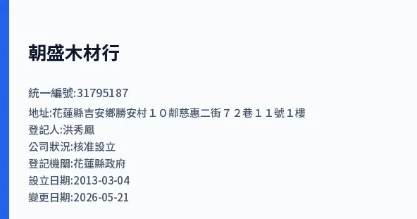 朝盛木材行的照片-統編 31795187(花蓮縣) 公司登記資料與營業項目詳細圖表