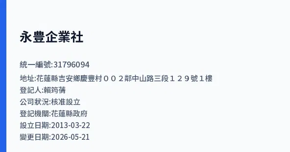 永豊企業社的照片-統編 31796094(花蓮縣) 公司登記資料與營業項目詳細圖表