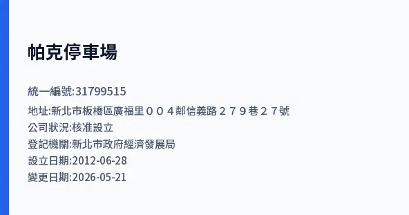 帕克停車場的照片-統編 31799515(新北市) 公司登記資料與營業項目詳細圖表