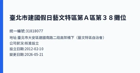 臺北市建國假日藝文特區第A區第38攤位的照片-統編 31818077(臺北市) 公司登記資料與營業項目詳細圖表