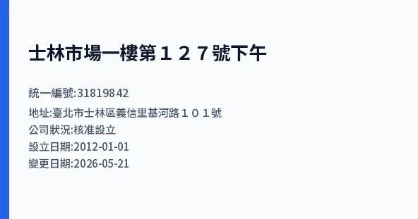 士林市場一樓第127號下午的照片-統編 31819842(臺北市) 公司登記資料與營業項目詳細圖表