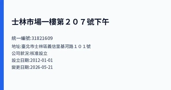 士林市場一樓第207號下午的照片-統編 31821609(臺北市) 公司登記資料與營業項目詳細圖表