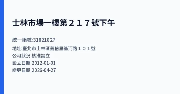 士林市場一樓第217號下午的照片-統編 31821827(臺北市) 公司登記資料與營業項目詳細圖表