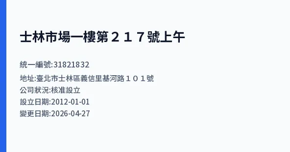 士林市場一樓第217號上午的照片-統編 31821832(臺北市) 公司登記資料與營業項目詳細圖表