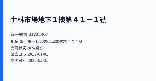 士林市場地下1樓第41-1號的照片-統編 31822467(臺北市) 公司登記資料與營業項目詳細圖表