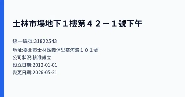 士林市場地下1樓第42-1號下午的照片-統編 31822543(臺北市) 公司登記資料與營業項目詳細圖表