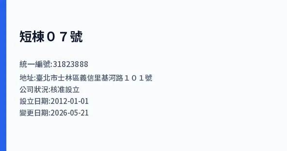 短棟07號的照片-統編 31823888(臺北市) 公司登記資料與營業項目詳細圖表