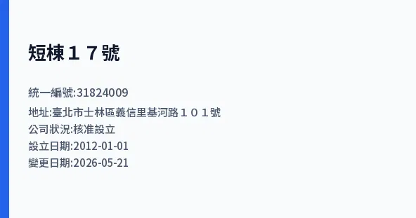 短棟17號的照片-統編 31824009(臺北市) 公司登記資料與營業項目詳細圖表