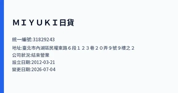 MIYUKI日貨的照片-統編 31829243(臺北市) 公司登記資料與營業項目詳細圖表