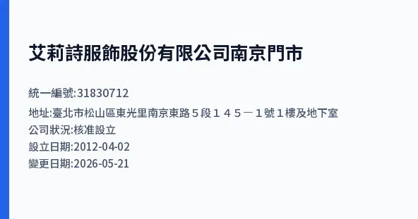 艾莉詩服飾股份有限公司南京門市的照片-統編 31830712(臺北市) 公司登記資料與營業項目詳細圖表