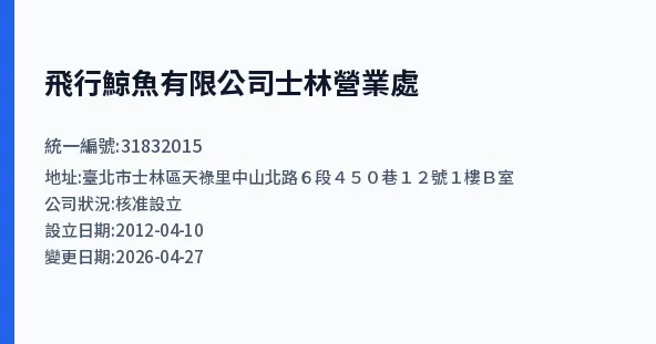 飛行鯨魚有限公司士林營業處的照片-統編 31832015(臺北市) 公司登記資料與營業項目詳細圖表