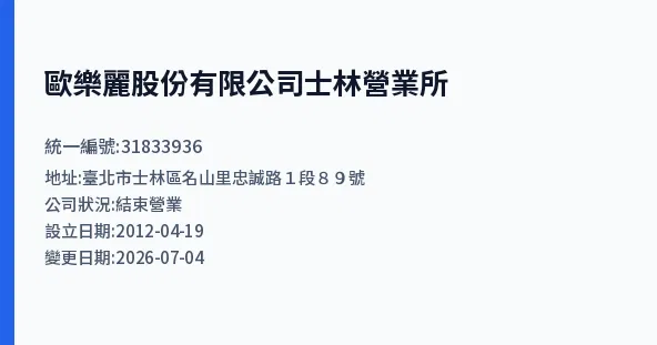 歐樂麗股份有限公司士林營業所的照片-統編 31833936(臺北市) 公司登記資料與營業項目詳細圖表