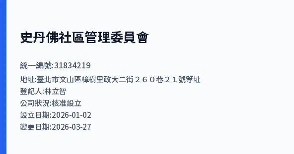 史丹佛社區管理委員會的照片-統編 31834219(臺北市) 公司登記資料與營業項目詳細圖表
