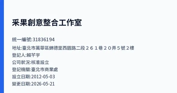 釆果創意整合工作室的照片-統編 31836194(臺北市) 公司登記資料與營業項目詳細圖表