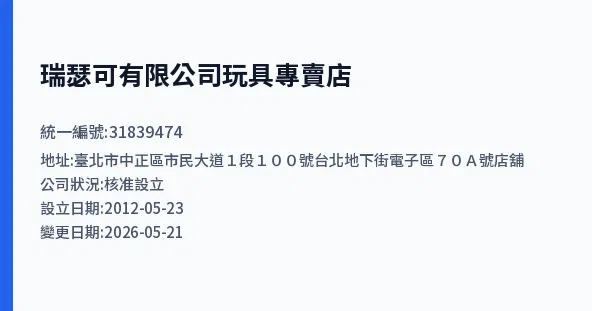 瑞瑟可有限公司玩具專賣店的照片-統編 31839474(臺北市) 公司登記資料與營業項目詳細圖表