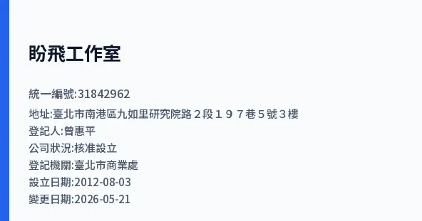 盼飛工作室的照片-統編 31842962(臺北市) 公司登記資料與營業項目詳細圖表
