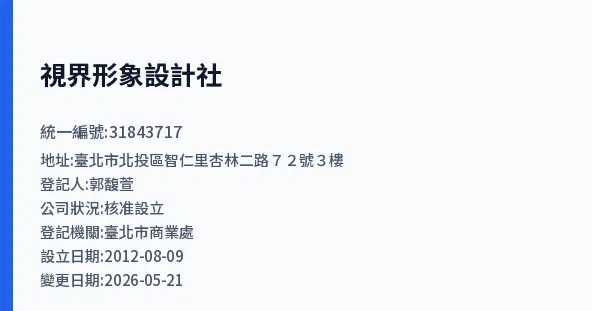 視界形象設計社的照片-統編 31843717(臺北市) 公司登記資料與營業項目詳細圖表
