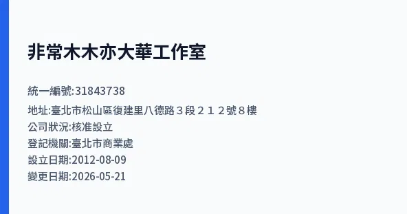 非常木木亦大華工作室的照片-統編 31843738(臺北市) 公司登記資料與營業項目詳細圖表