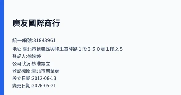 廣友國際商行的照片-統編 31843961(臺北市) 公司登記資料與營業項目詳細圖表