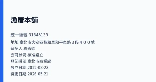 漁厝本舖的照片-統編 31845139(臺北市) 公司登記資料與營業項目詳細圖表