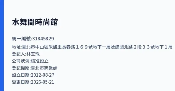 水舞間時尚館的照片-統編 31845829(臺北市) 公司登記資料與營業項目詳細圖表