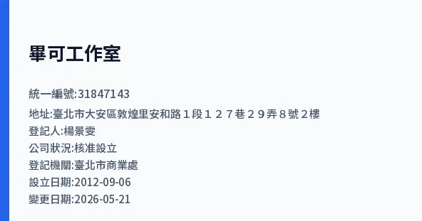 畢可工作室的照片-統編 31847143(臺北市) 公司登記資料與營業項目詳細圖表