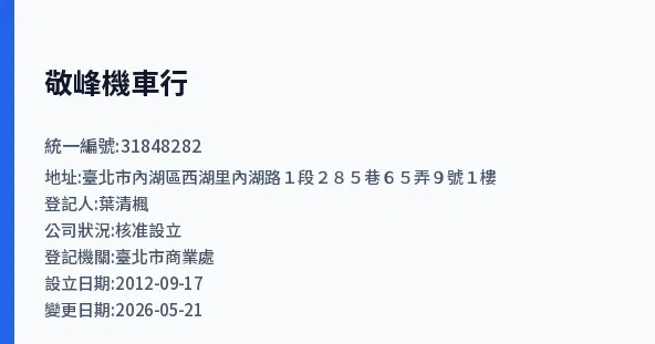 敬峰機車行的照片-統編 31848282(臺北市) 公司登記資料與營業項目詳細圖表