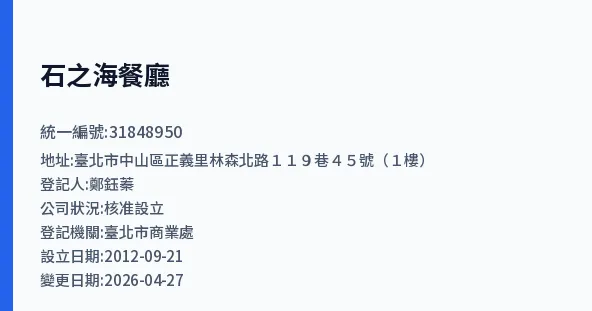 石之海餐廳的照片-統編 31848950(臺北市) 公司登記資料與營業項目詳細圖表