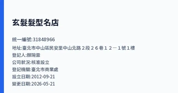 玄髮髮型名店的照片-統編 31848966(臺北市) 公司登記資料與營業項目詳細圖表